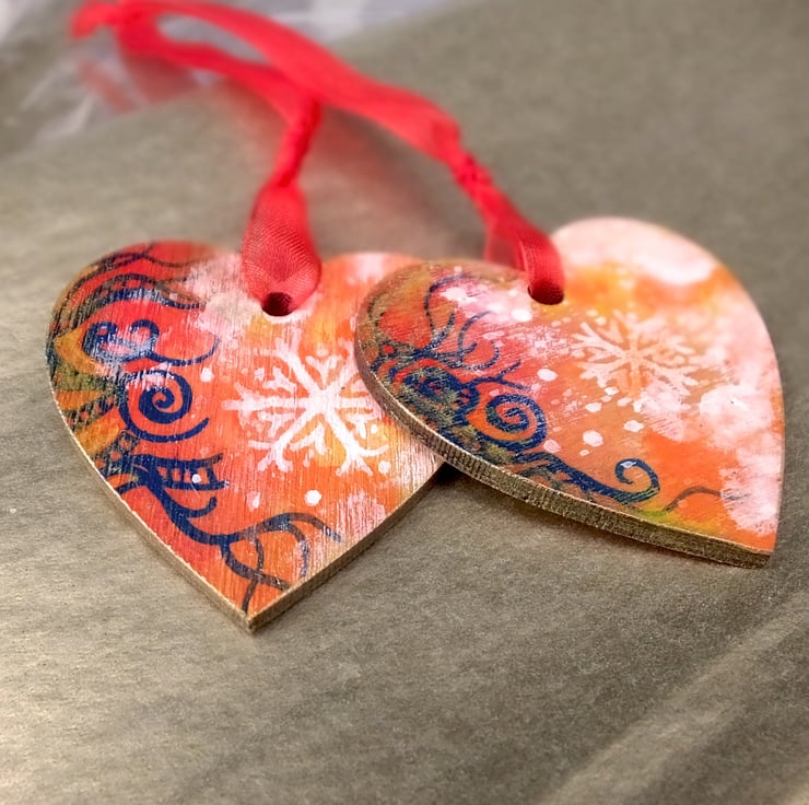 Heart shaped pair of bright handpainted Christm... - Folksy