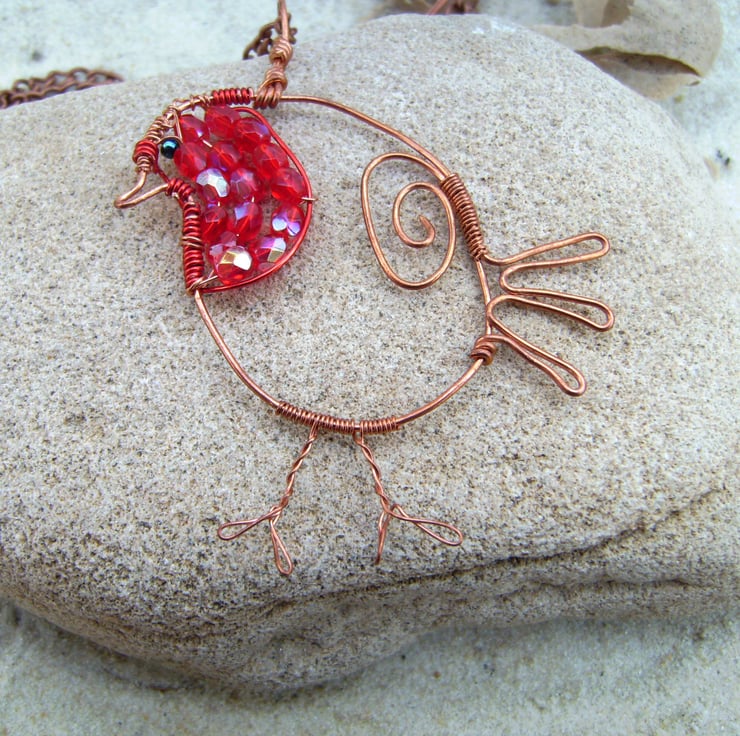 Red Robin Copper & Crystal Pendant Necklace - Folksy