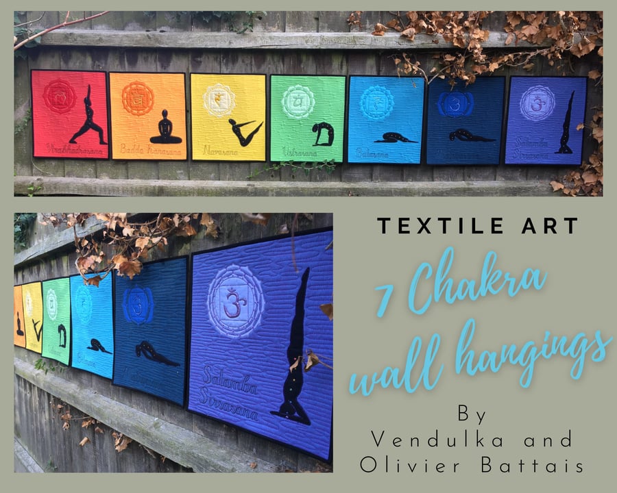 Set of 7 Chakra wall hangings with asanas, yoga... - Folksy