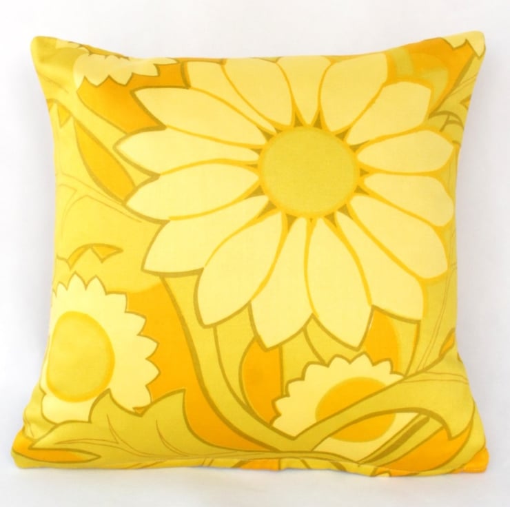 Vintage Yellow Sunflower & Daisy Cushion - Folksy