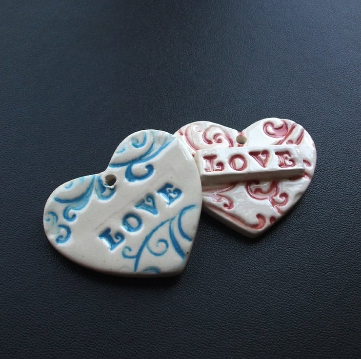 Set of two ceramic LOVE heart pendants - Folksy