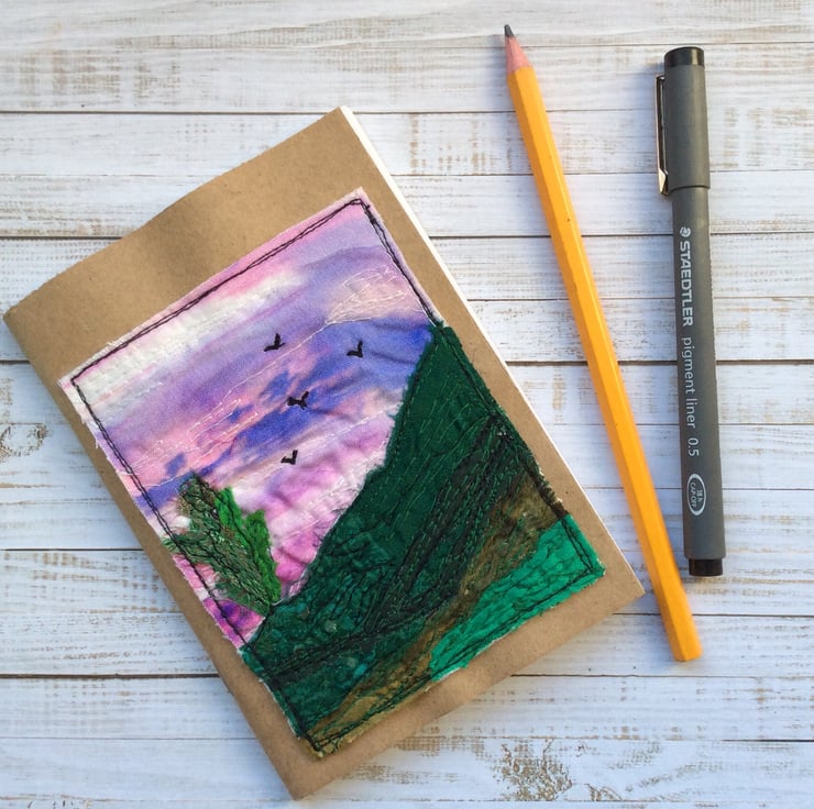 A6 embroidered sunset landscape sketchbook, jou... - Folksy