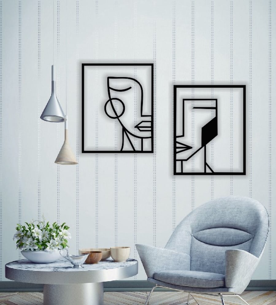 Cubic Faces Wooden Wall Art, Abstract Line Deco... - Folksy