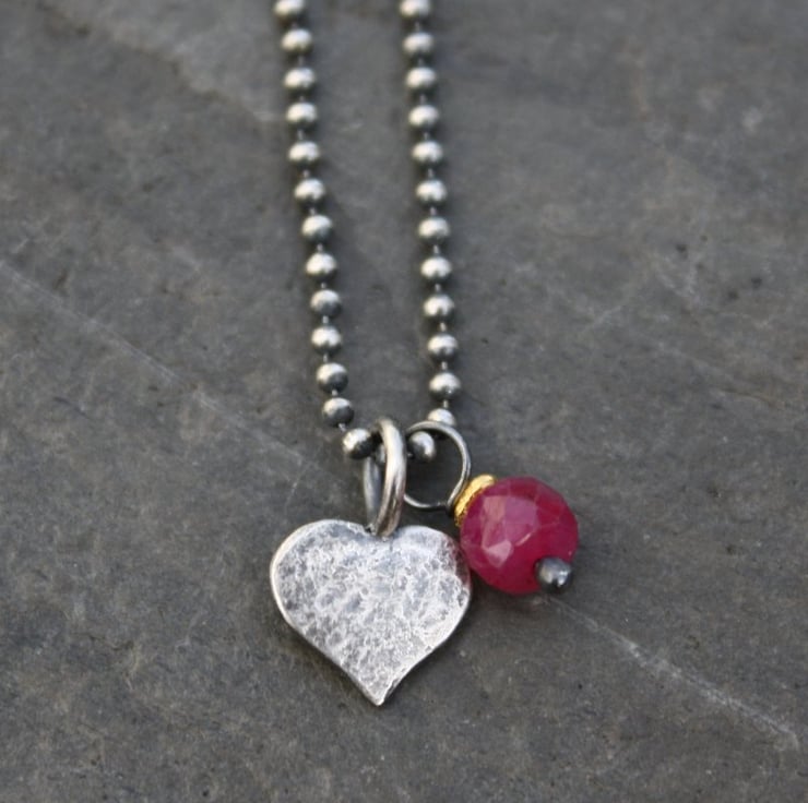 Oxidised Sterling silver and ruby heart necklac... - Folksy
