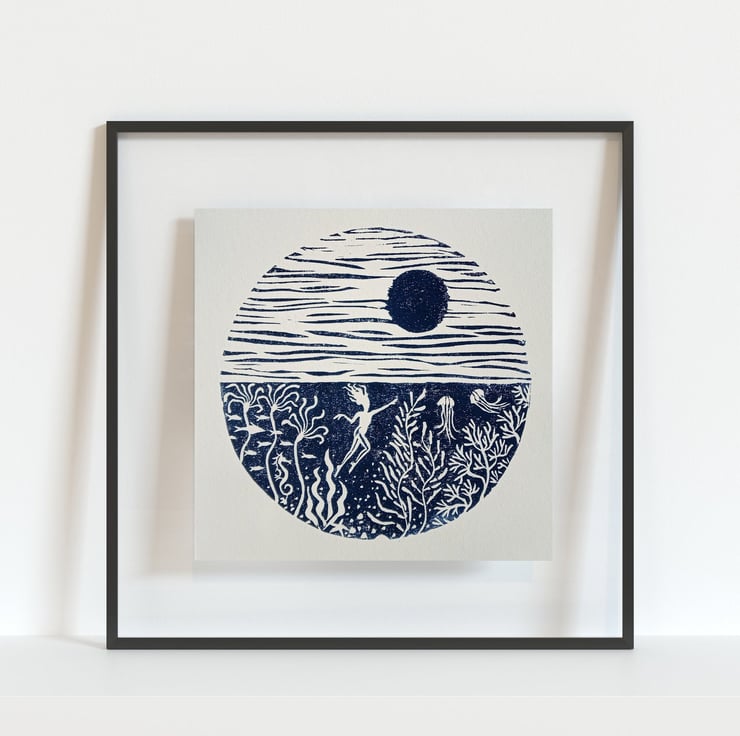 'Underwater garden' linocut art print in blue - Folksy