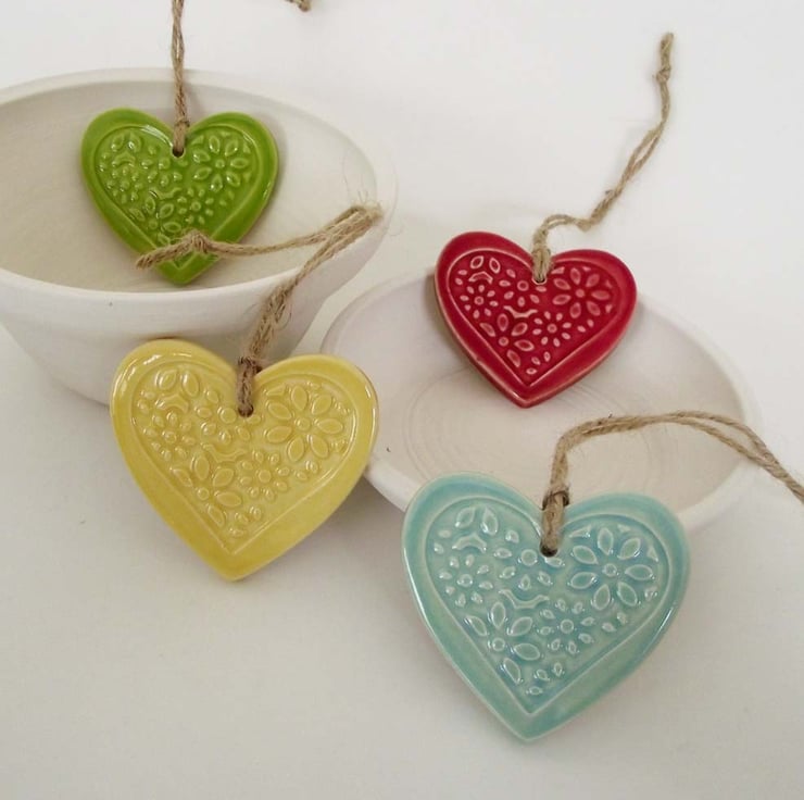 Ceramic Heart decorations set of four - Folksy