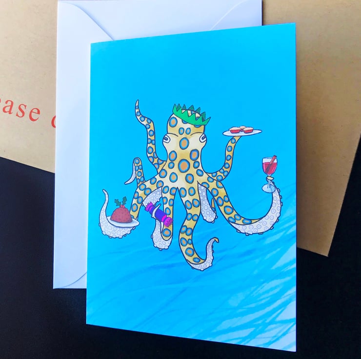 Octopus Christmas Party Illustration A6 Card - Folksy