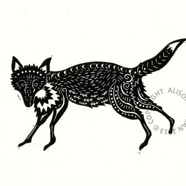 Original lino cut print Garden Fox in Black - Folksy