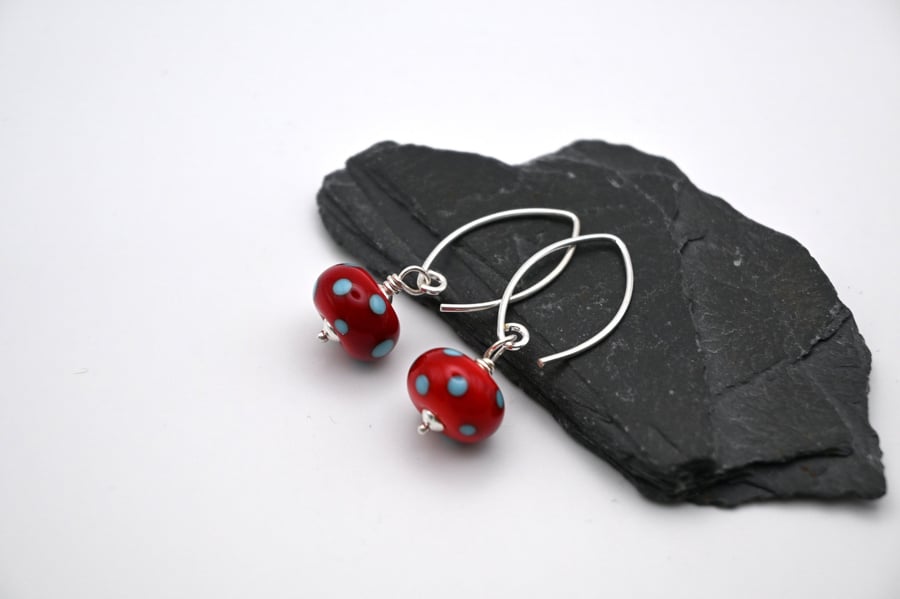 red and blue polka dot lampwork glass earrings - Folksy