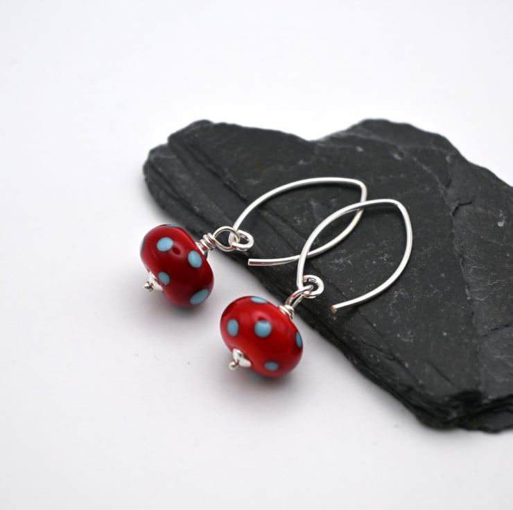red and blue polka dot lampwork glass earrings - Folksy