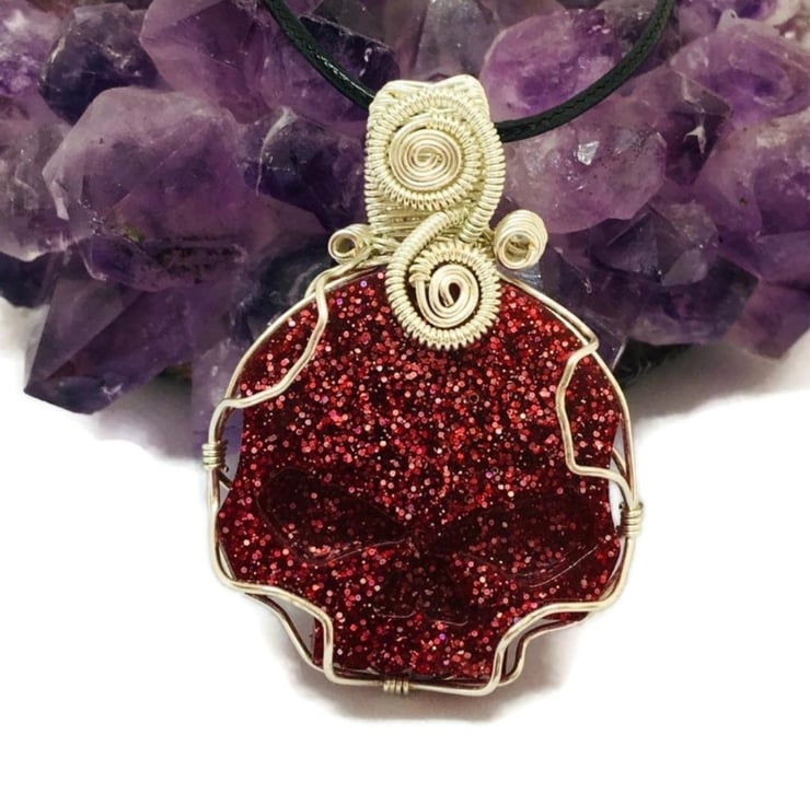 Red skull pendant wire wrapped with silver plat... - Folksy