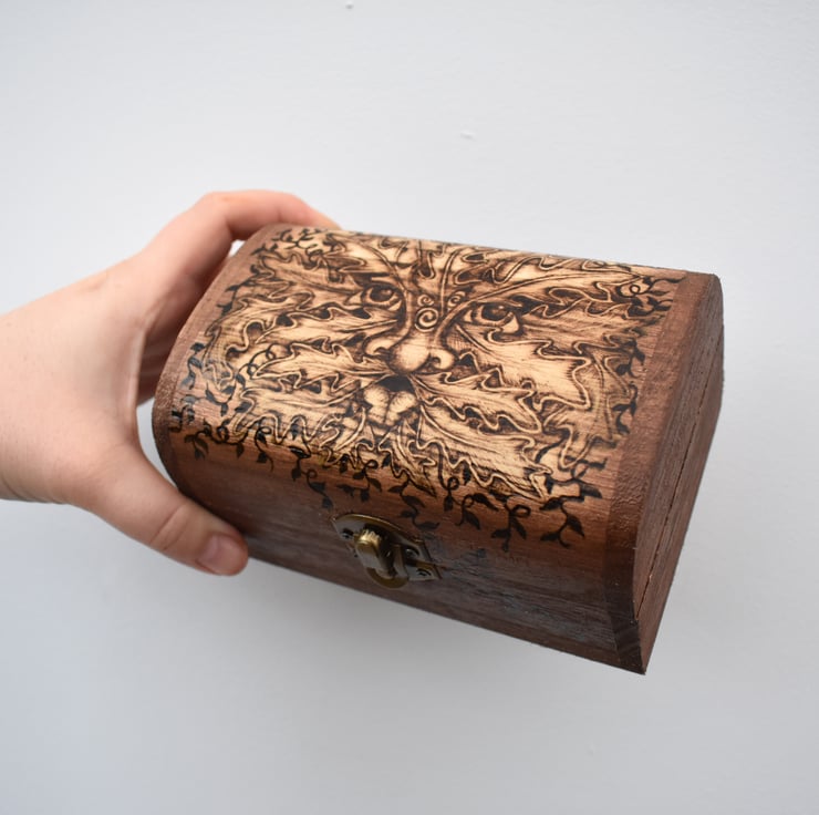 Rustic chest shaped pyrography greenman jewelle... - Folksy