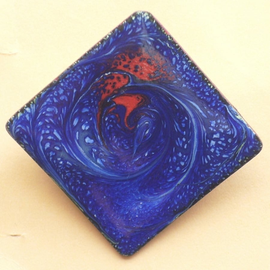 large square brooch - scrolled red on blue - Folksy