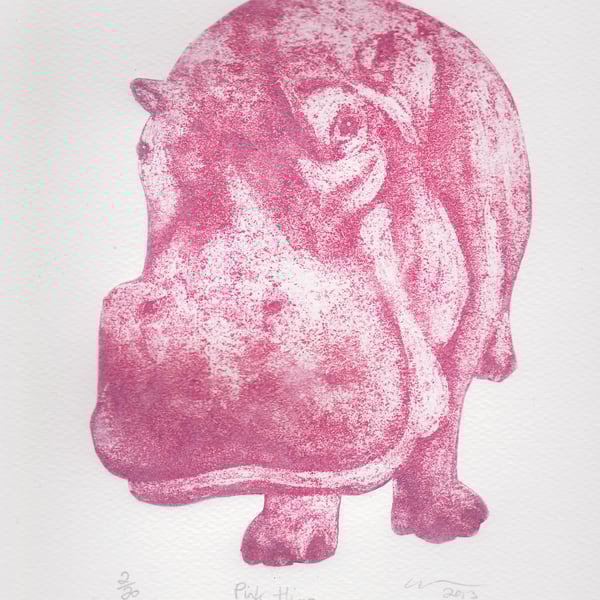 Pink Hippo Limited Edition Collagraph Print - Folksy
