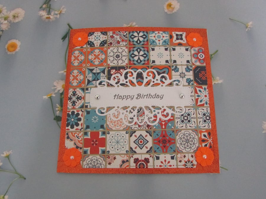 Happy Birthday Card Mosaic Tile inspired Orange... - Folksy