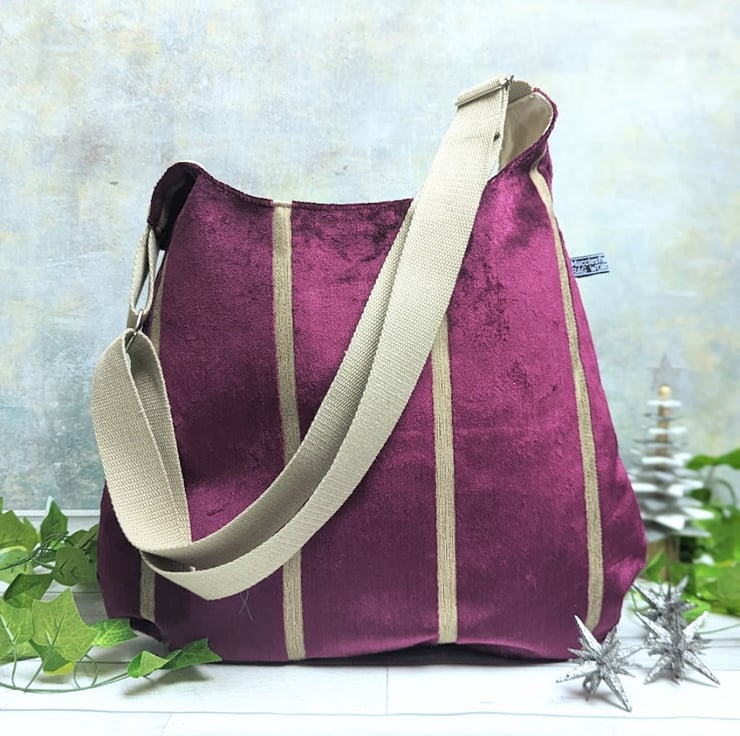 Striped Raspberry Chenille and Silk Lined Hobo Bag - Folksy
