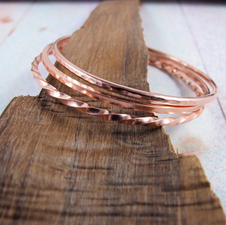Copper Bangle Set of Three, Hammered, Twisted a... - Folksy