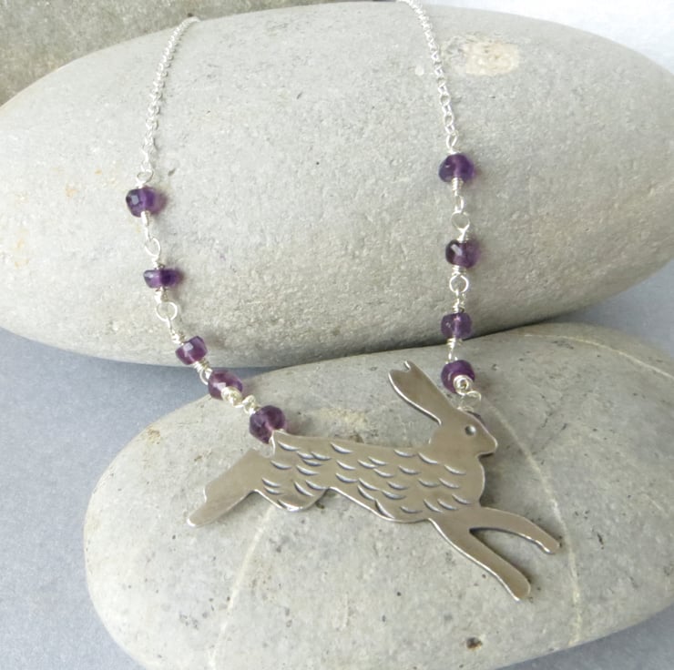 Silver Leaping Hare Necklace with Amethyst, Hal... - Folksy