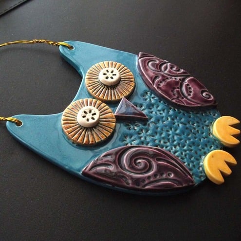 Blue Owl ceramic hanging decoration - Folksy