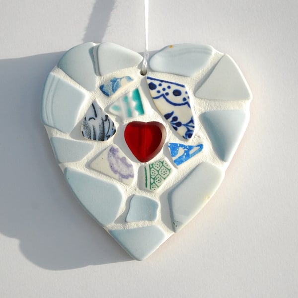 Beach pottery mosaic wall hanger with red heart - Folksy