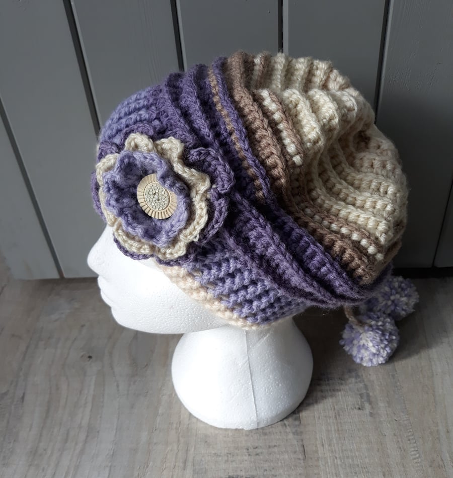 Crochet slouch hat with detachable flower - Folksy