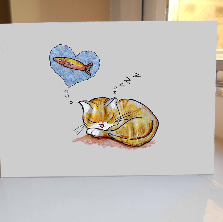 Sleeping Cat Greetings Card or A5 Print - Folksy