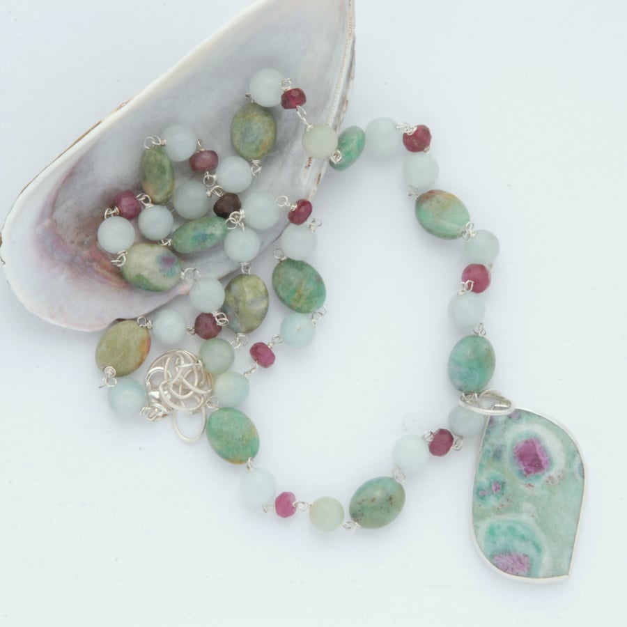 Sterling silver and ruby in fuchsite necklace p... - Folksy