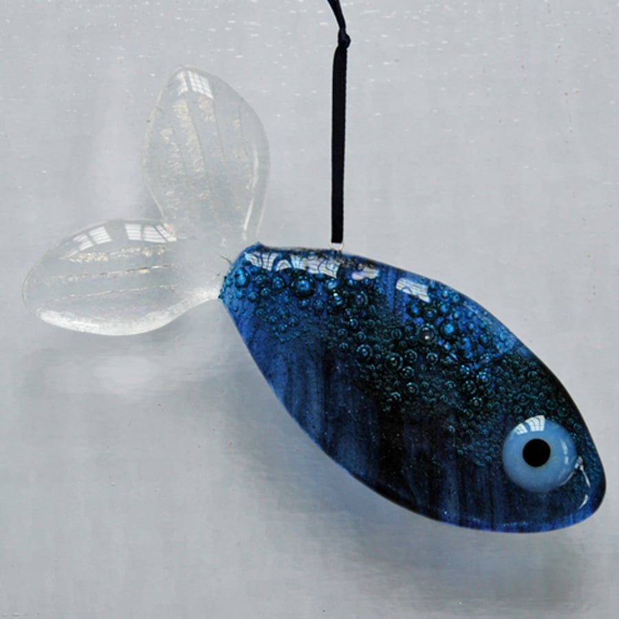 Fused Glass Bubbly Blue Fish Decoration - Folksy