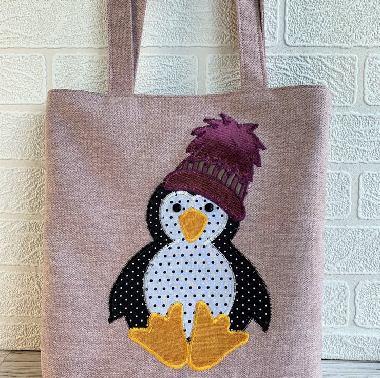 Penguin tote bag in lilac with a polka dot peng... - Folksy