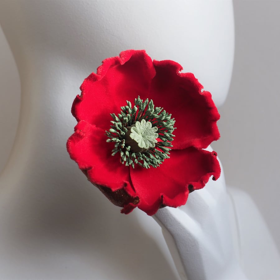 Red Poppy brooch, fabric poppy corsage, cotton ... - Folksy