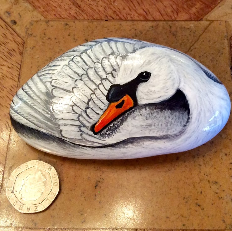 Swan hand painted on rock stone cobble - Folksy