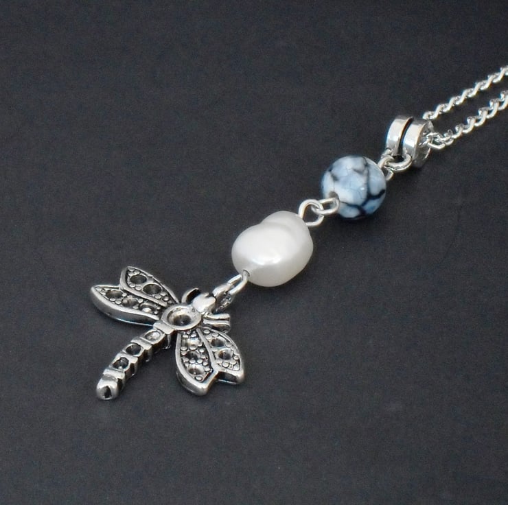 White pearl, agate & dragonfly charm necklace - Folksy