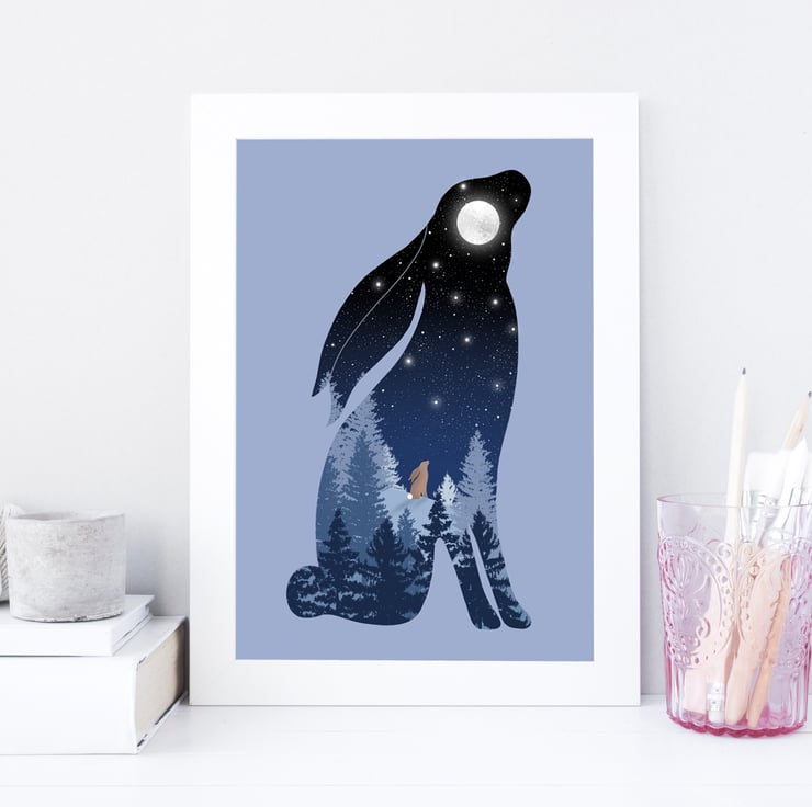 A4 Moon Gazing Hare Art, Mystical Hare Pagan Ar... - Folksy