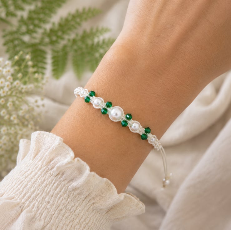 White macrame faux pearls and green glass beade... - Folksy