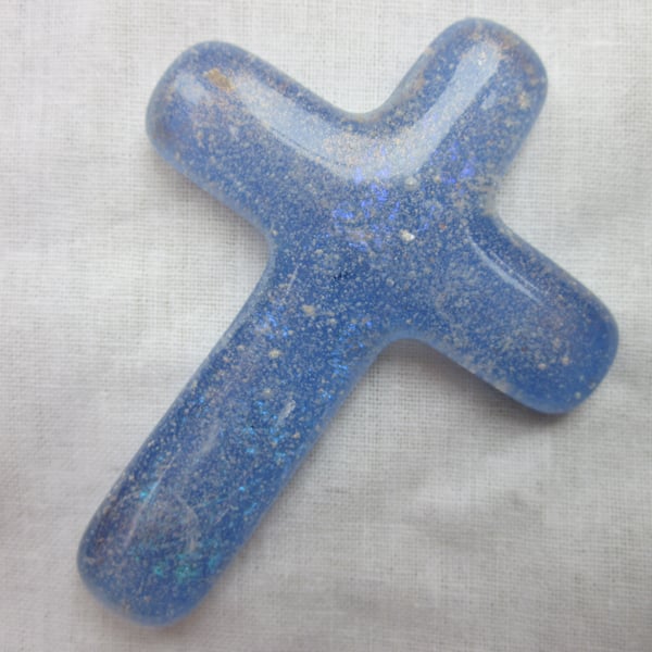 Handmade cast glass holding cross - Ceylon blue - Folksy