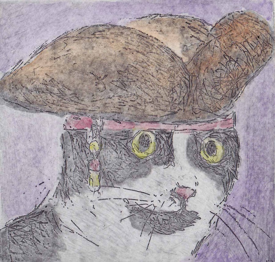 Captain Jack Cat Art Etching Printmaking Pirate - Folksy