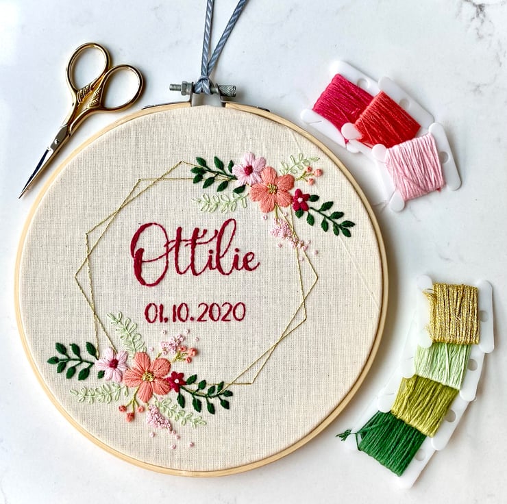 Name and Date Handmade Embroidery Hoop with Flo... - Folksy