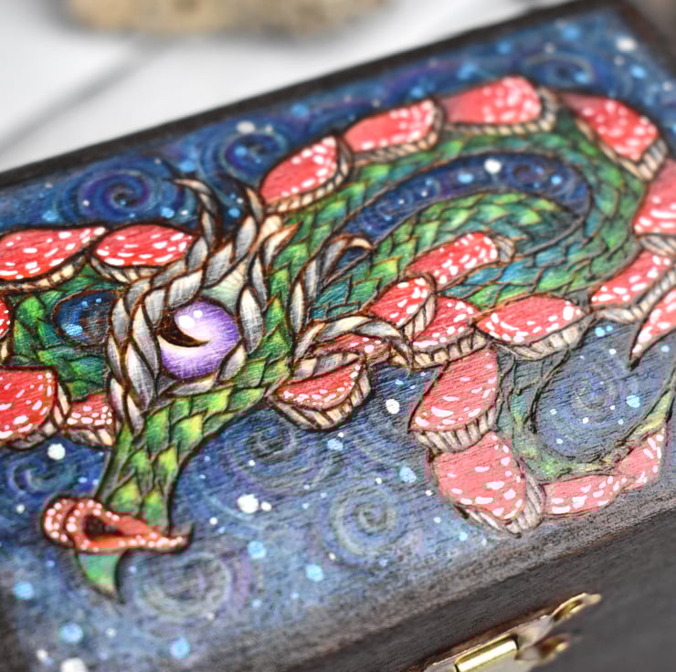 Pyrography cosmic toadstool dragon, small rusti... - Folksy