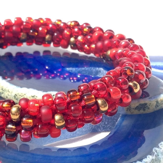 Shades of Red Beaded Kumihimo Bracelet - Folksy