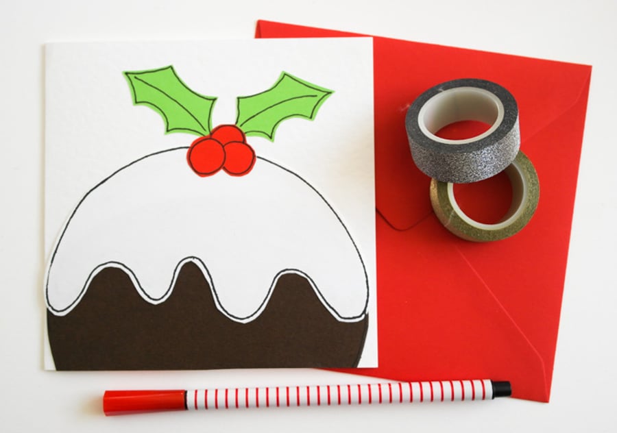 Christmas pudding handmade Christmas card, Xmas... - Folksy