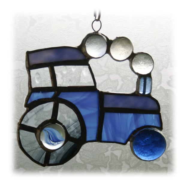 Tractor Suncatcher Blue Stained Glass Handmade ... - Folksy