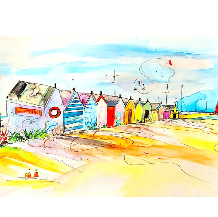 Original Watercolour Painting Beach Huts & ... - Folksy