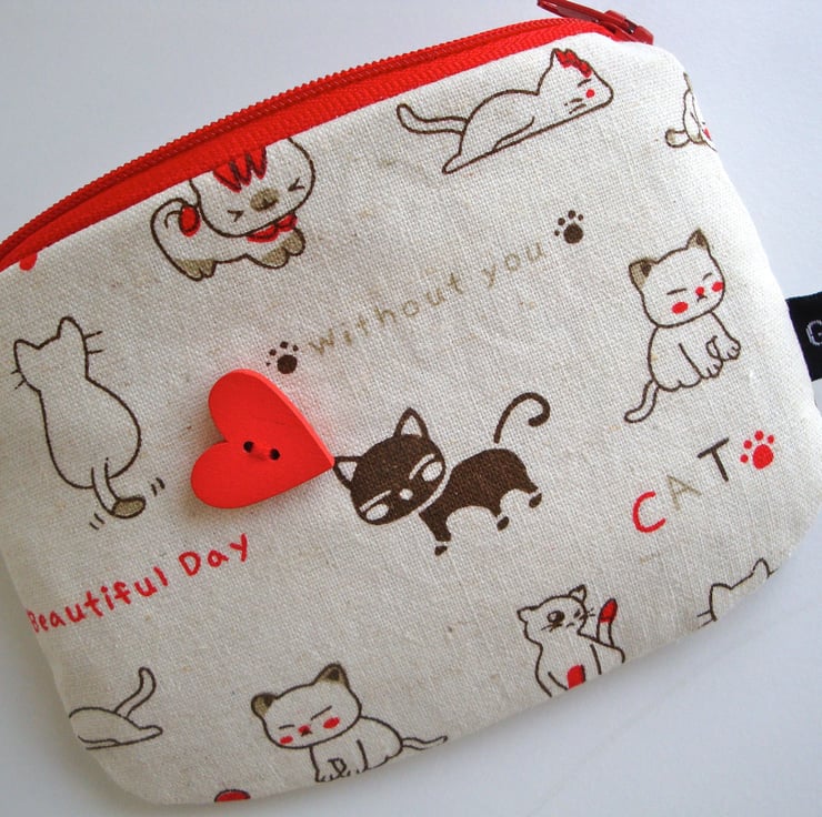 Handmade Cotton linen zipper Coin Purse - cats - Folksy