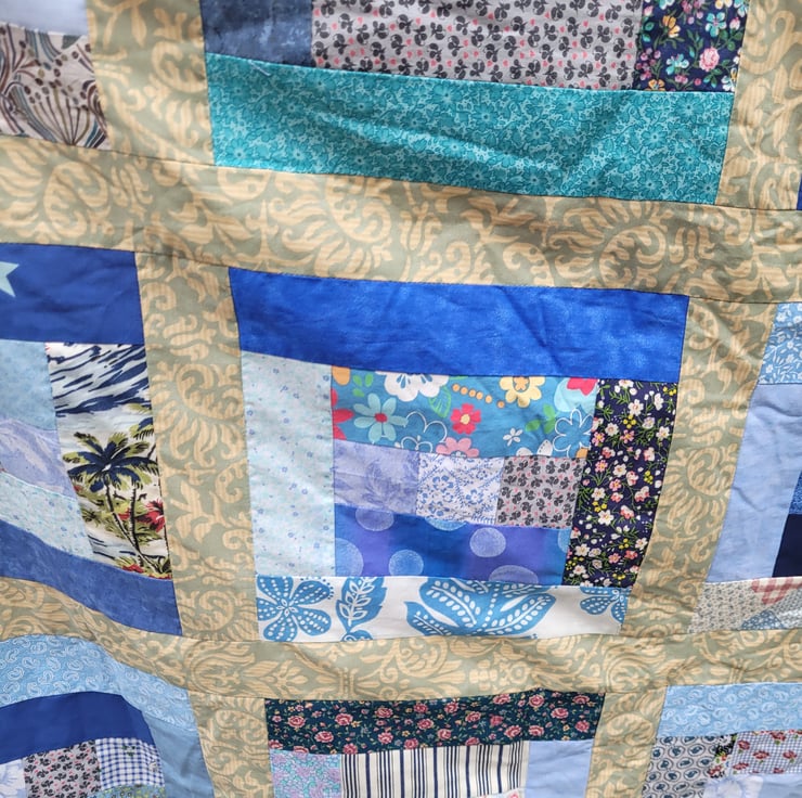 Homemade Blue Log cabin Patchwork quilt (1) - Folksy