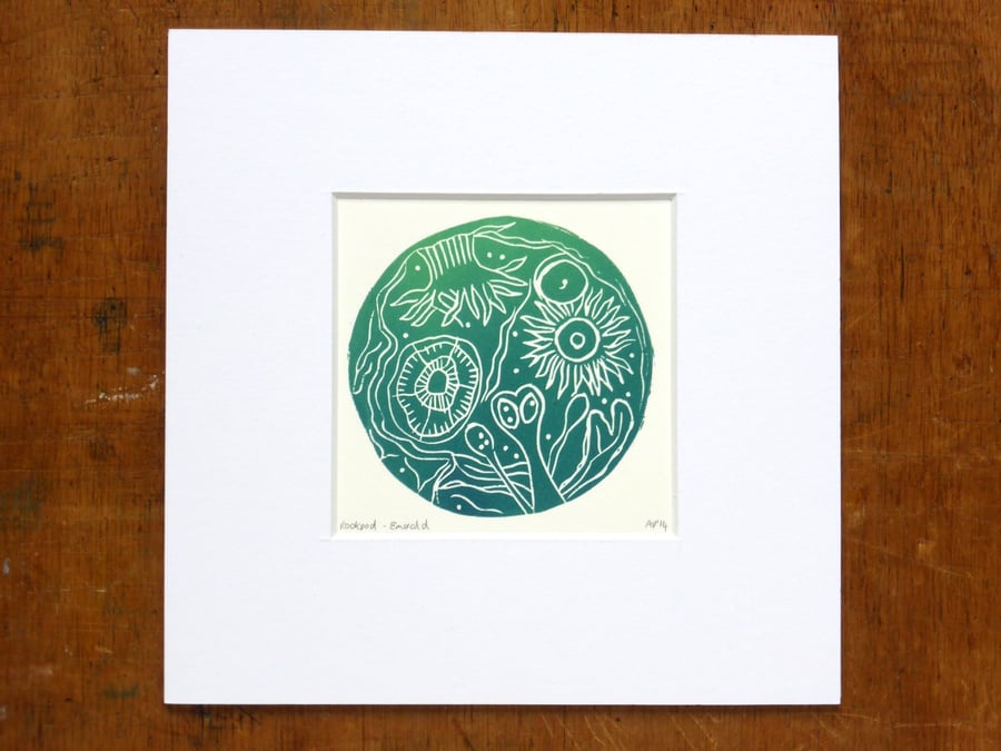 Rockpool Emerald LINO PRINT LIMPET ANEMONE BARN... - Folksy