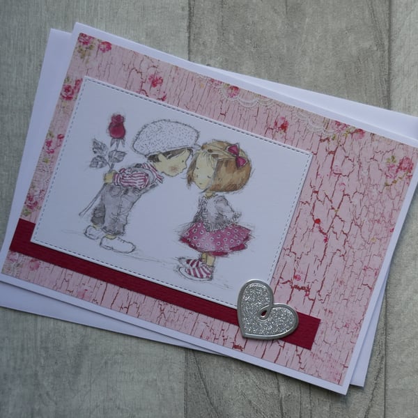 Cute Boy and Girl Floral Card with Silver Heart... - Folksy