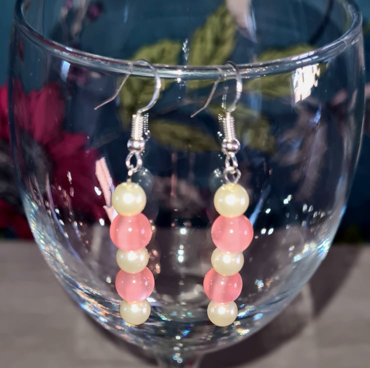 Pink and cream glass drop earrings, cream pearl... - Folksy