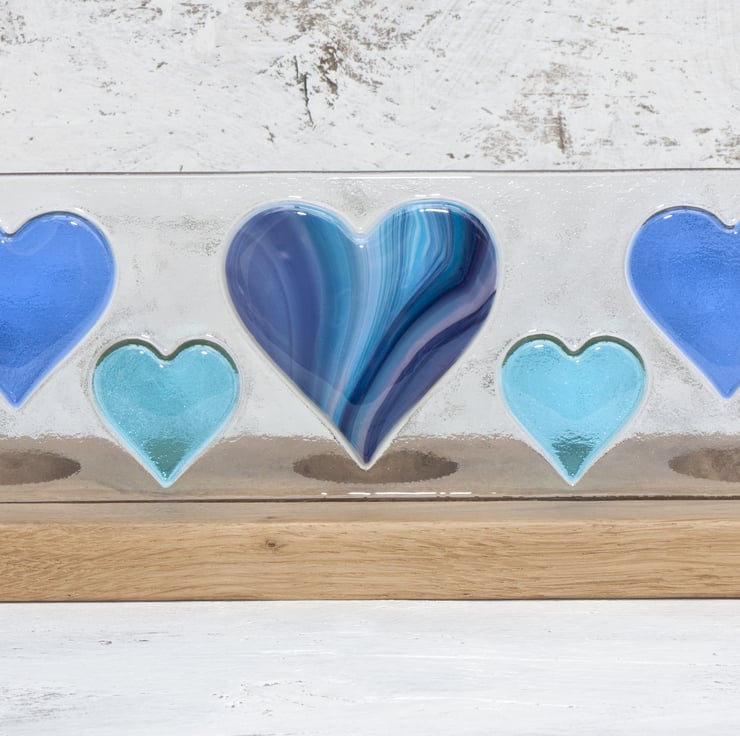 Blue & Turquoise Hearts Fused Glass Panel s... - Folksy