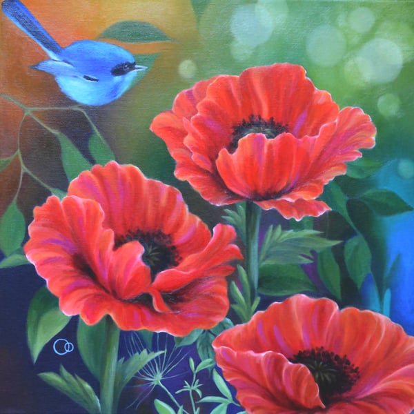 Original Red Poppies & Little Blue Bird Oil... - Folksy