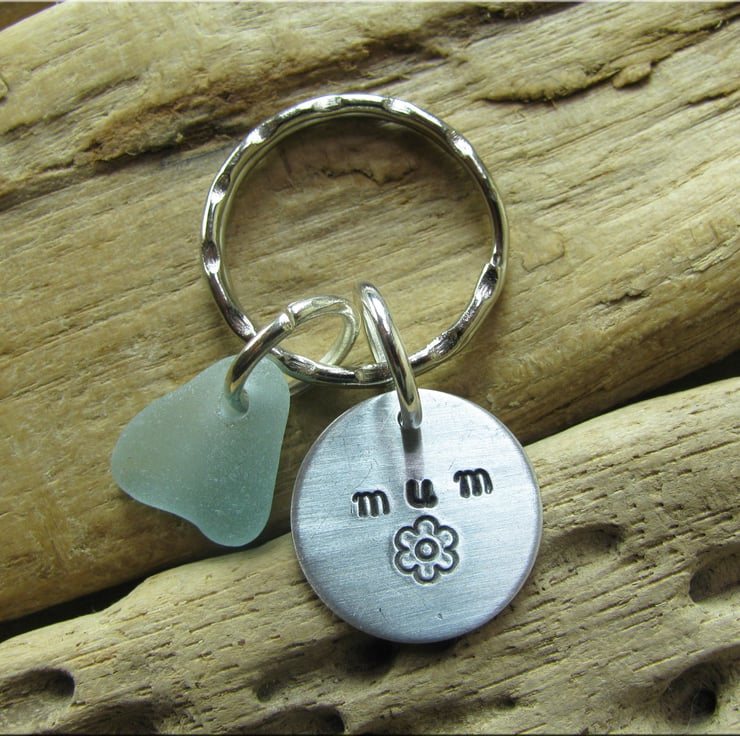 Natural sea glass, stamped keyring - Folksy